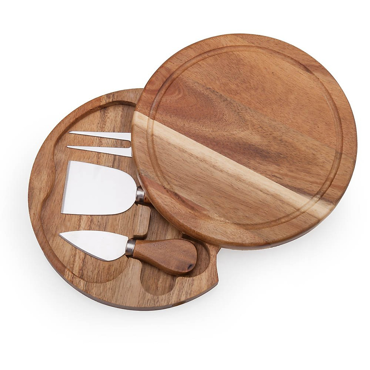 Tungyi Round Slide-Out Acacia Wood Cheese Serving Board and 3 Piece Cheese Tool Set, 7.5 inch Diameter, Ideal for Outdoor Picnic Housewarming Kitchen Personalized Gift