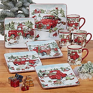 Certified International Red Truck Snowman Rectangular Platter, 16" X 12"