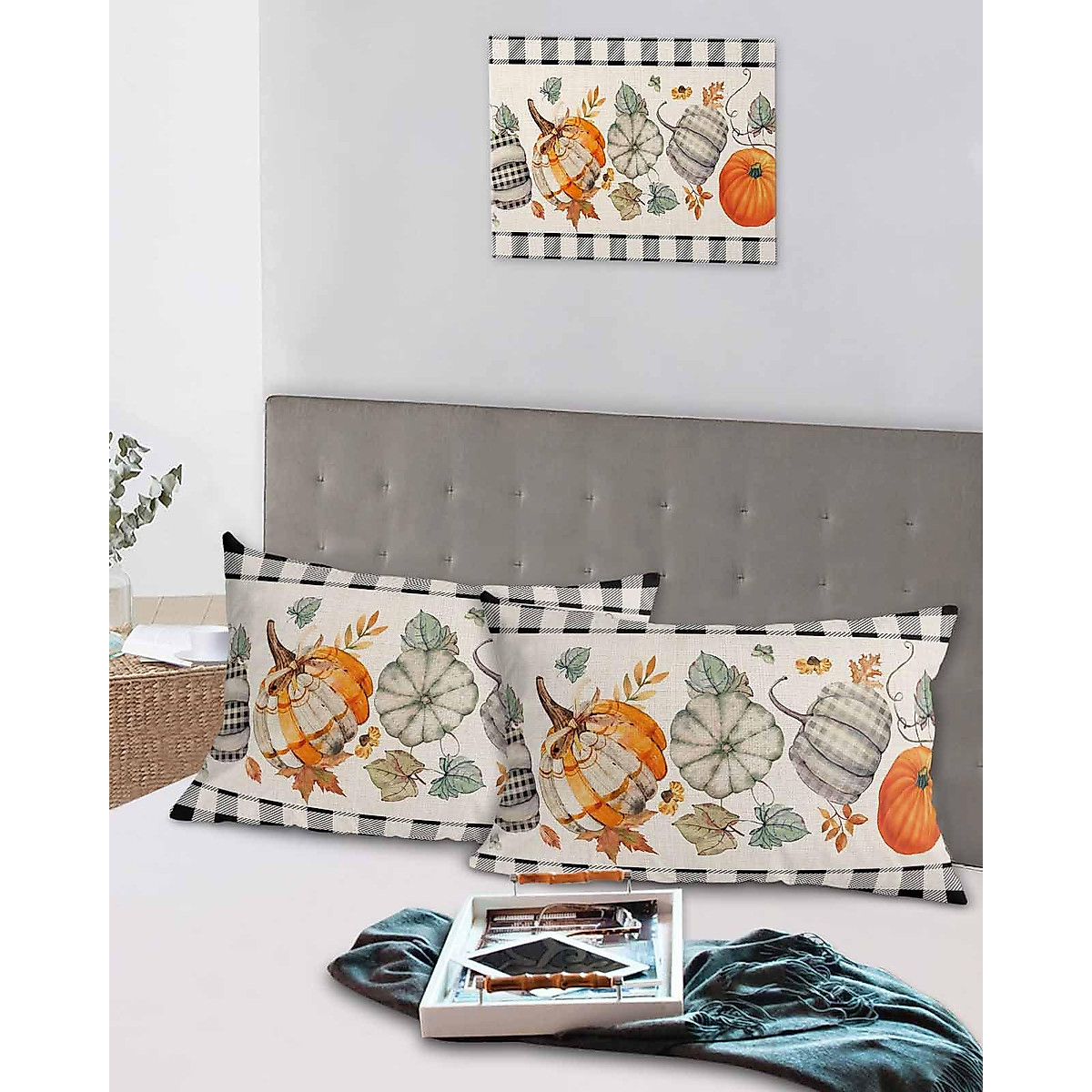 Thanksgiving Pillow Covers Standard Size Set of 2 Bed Pillow, Black White Plaid Pumpkin Fallen Leaves Farmhouse Plush Soft Comfort for Hair/ Skin Cooling Pillowcases with Envelop Closure 20''x26''