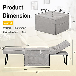 Sleeper Ottoman Bed Chair, 4 in 1 Folding Ottoman Chair Bed with Adjustable Backrest & Pillow, Multi-Function Futon Couch No Assembly for Small Space Living Room Apartment Office, 28"Width Light Grey