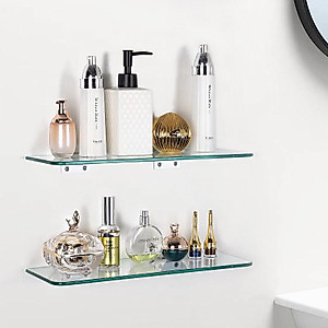 Koilria Glass Shelves, Glass Shower Shelves for Bathroom Tempered Glass Floating Shelves for Wall with Aluminum Brackets, 2 Tiers, 15 x 5 Inches, Drill or No Drill Install