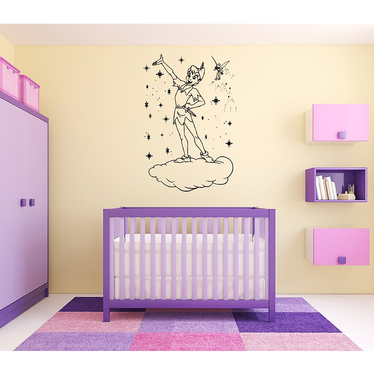Peter Pan Wall Vinyl Sticker Fairy Tale Little Set in London Big Ben Moon Cartoon Character Never Grow Up Tinkerbell Girl Boy Nursery Kids Room Poster Art Tinker Bell SA1526
