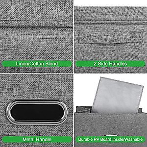 Valease Linen Fabric Collapsible Storage Bins with Removable Lids and Handles, Washable Storage Box Containers Baskets Cube with Cover for Bedroom,Closet,Office,Living Room,Nursery (Grey, Small)