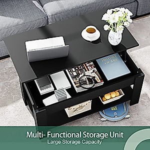 Meilocar Wood Coffee Table, Lift Top Coffee Table with Storage Shelf and Hidden Compartment, Black Coffee Table for Living Room Reception Room, 38.58in L, Black