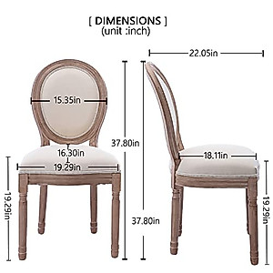 KCC French Dining Chairs Set of 2, Upholstered Vintage Farmhouse Chair with Round Backrest, Mid Century Fabric Chair with Solid rubberwood Leg for Dining Room Bedroom Kitchen Restaurant, Beige