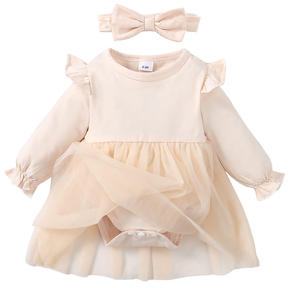 SOBOWO Beige Baby Dress Beige Baby Girl Outfit Infant Girl Tutu Dress Baby Ruffle Romper Dress Toddler Girl Skirt Headband Party Clothes(0-3 Months, Beige L)