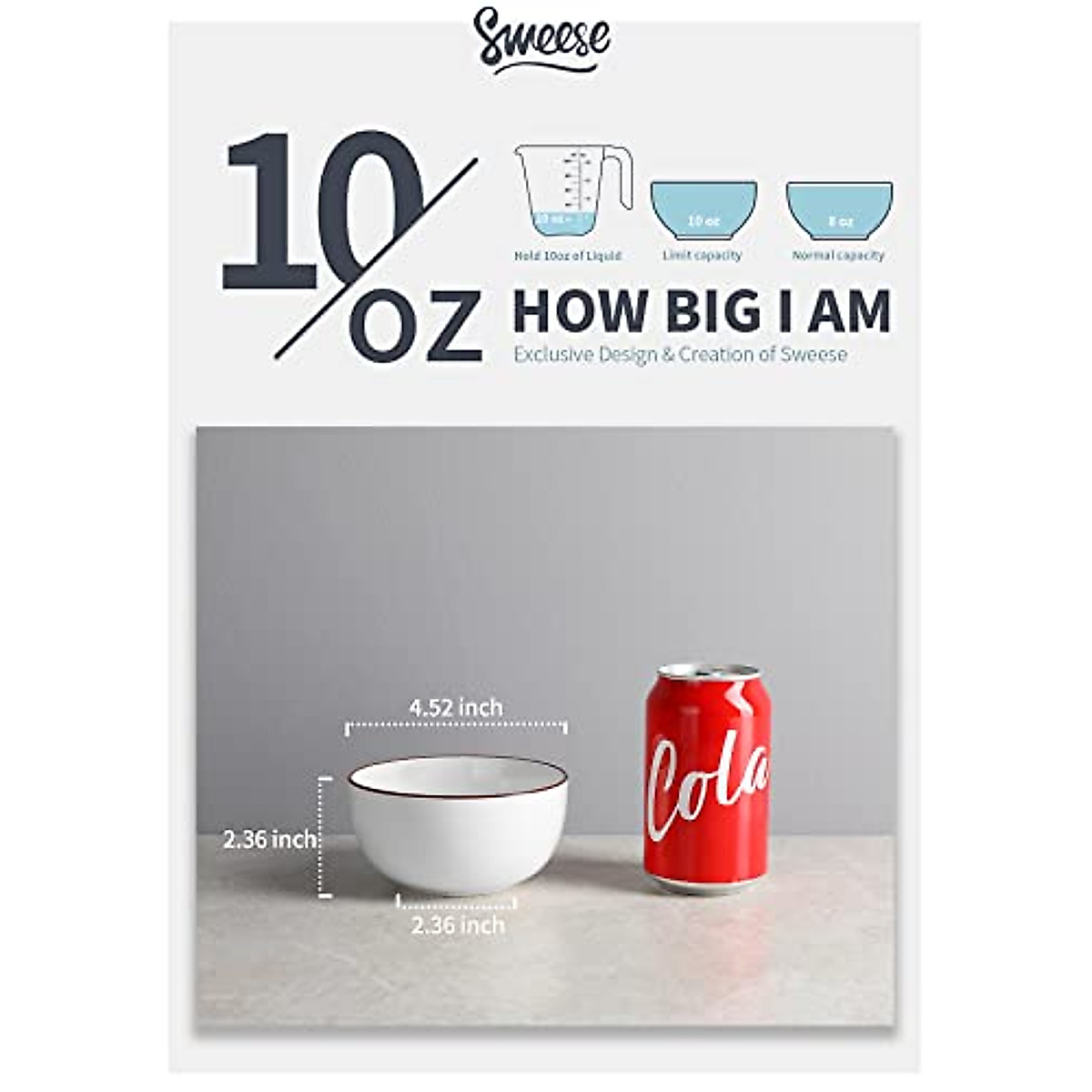 Sweese 144.001 Porcelain Bowls - 10 Ounce for Ice Cream Dessert, Small Side Dishes - Set of 6, White