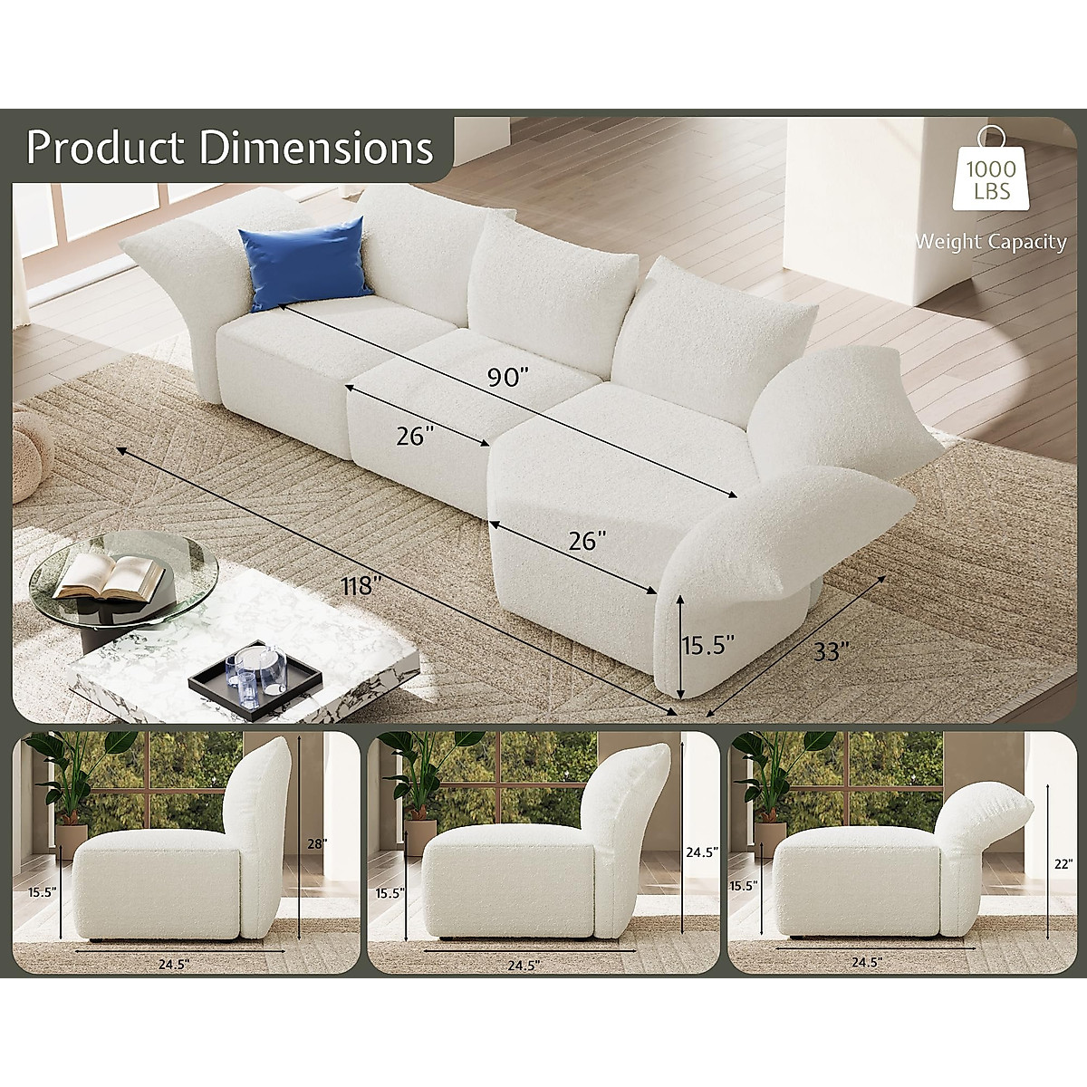 Jocisland 118 Inch Sectional Couch, 3 Seats Modular Sectional Sofa- Adjustable Arm and Backrest, Modern Sofa- Comfy Couches for Living Room, Off-White Bouclé