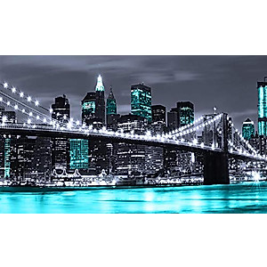 Visual Art Decor Black White and Teal Blue New York Brooklyn Bridge Cityscape Night Building Skyline Picture Canvas Prints Wall Art for Modern Home Office Bedroom Decoration