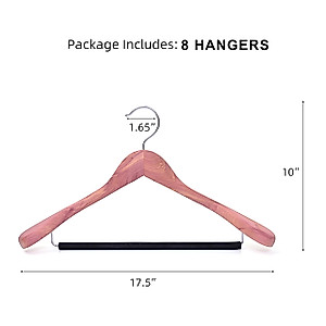 8 Pack Unfinished American Red Cedar Wooden Coat Suit Hangers with Extra Wide Shoulder, Wooden Jacket Clothes Hanger with Non Slip Black Padded Pant Bar- 360°Flexible Hook, Natural- HL03C2