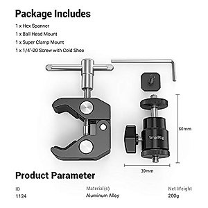 SmallRig Super Clamp Mount with Mini Ball Head Mount, Hot Shoe Adapter with 1/4 Screw for LCD Field Monitor, LED Lights, Flash, Microphone, for Gopro, for DJI Action 2, for Insta360 - 1124
