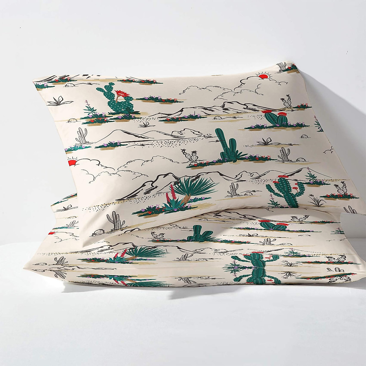 Cactus Sheets Full Size, Desert Landscape Bed Sheets, Patterned Bedding Sheets & Pillowcases 4 Piece Set - Soft Microfiber Deep Pocket Fitted Sheet & Flat Sheet & 2 Pillow Cases S3-&-184