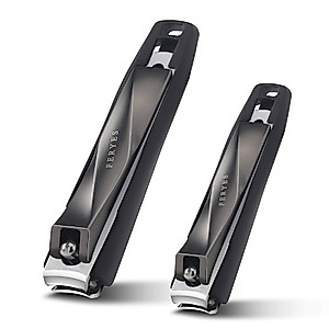 FERYES Nail Clippers with Catcher 2 PCS Set, No Splash Fingernail Clipper and Toenail Clipper, Stainless Steel Nail Cutters - W/Black Metal Case Packing