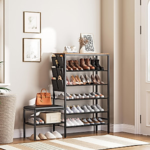 FURKO Shoe Rack with Seating Bench,Shoe Storage Organizer for Entryway,Large Capacity 6-Tier Shoe Shelf,Steel Frame Wood Top,for Closets, Hallway,47.6 * 11.8 * 43.8 Inches, Rustic Brown
