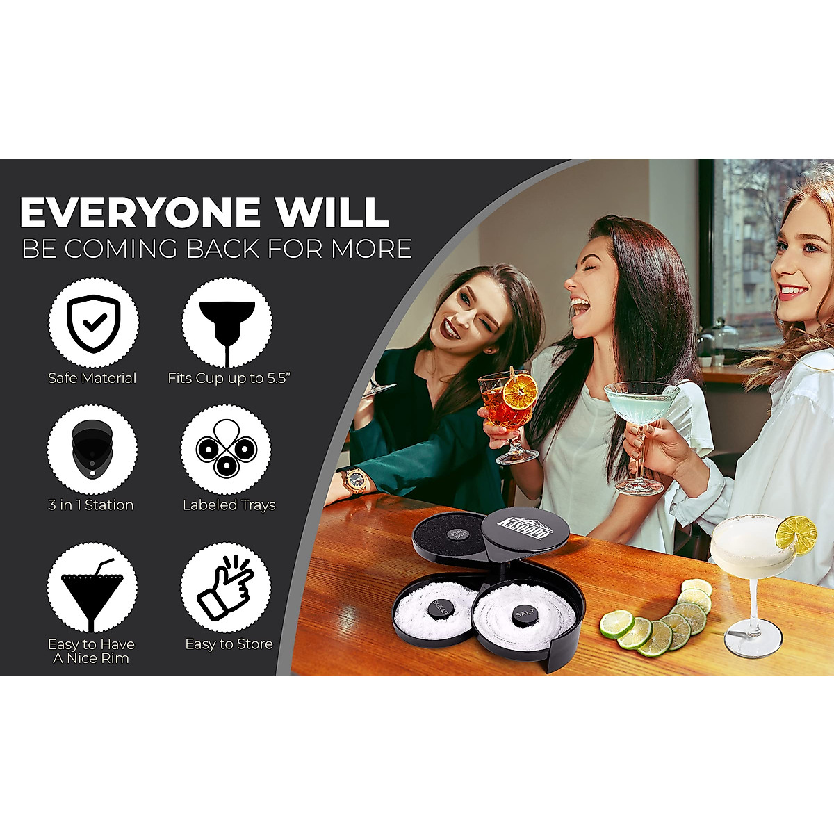 Kasoopo Margarita Salt Rimmer Set, Bartender Sugar Salt Rimmer, Bar Salt and Sugar Rimmer for Drrinks, Salt Rimmer for Cocktails, 3 Tier Glass Rimmer for Cocktails with 2 Pourers and 2 Sponge