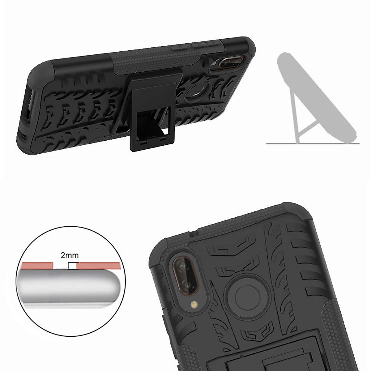 Phone Case for Huawei P20 Lite with Tempered Glass Screen Protector Cover and Stand Kickstand Hard Rugged Hybrid Protective Cell Accessories TPU Huwai P20lite P 20 Haweii Nova 3E Cases Men Women Black
