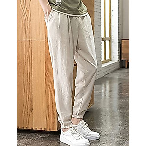 Zontroldy Men's Pants Cotton Linen Yoga Golf Beach Jogger Sweat Lounge Harem Pants Trousers(0009-Khaki1-L)