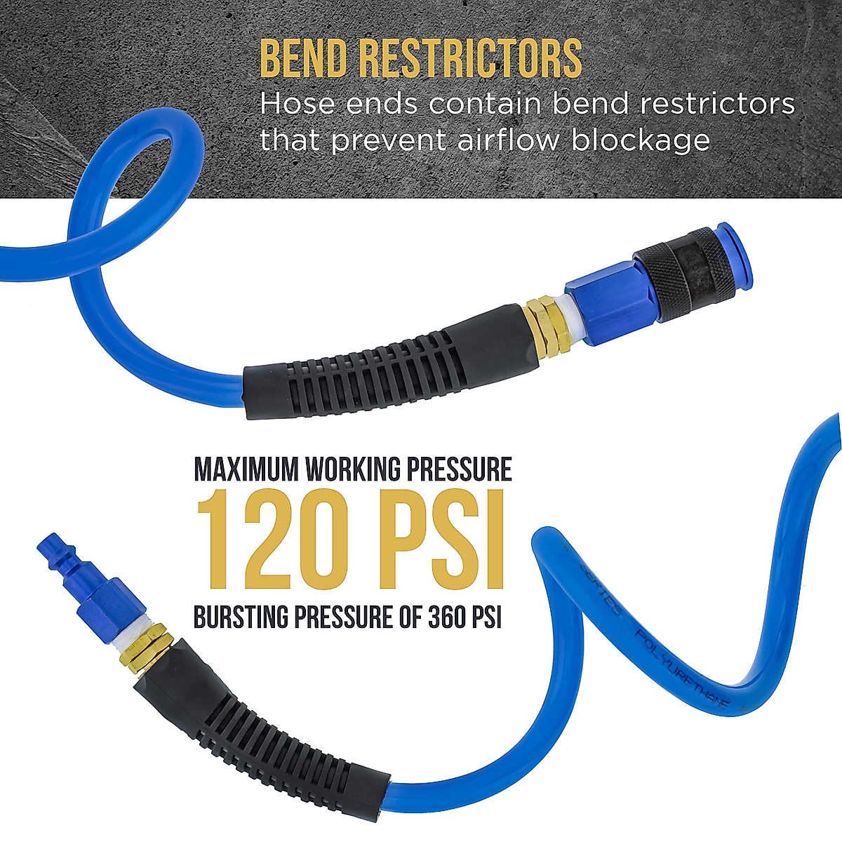 Master Elite Series 1/4" x 25' Polyurethane Recoil Air Hose with Bend Restrictors and 1/4" NPT Male Fitting Ends - Universal Aluminum Quick Coupler, I/M Industrial Plug - Attach Compressors, Air Tools