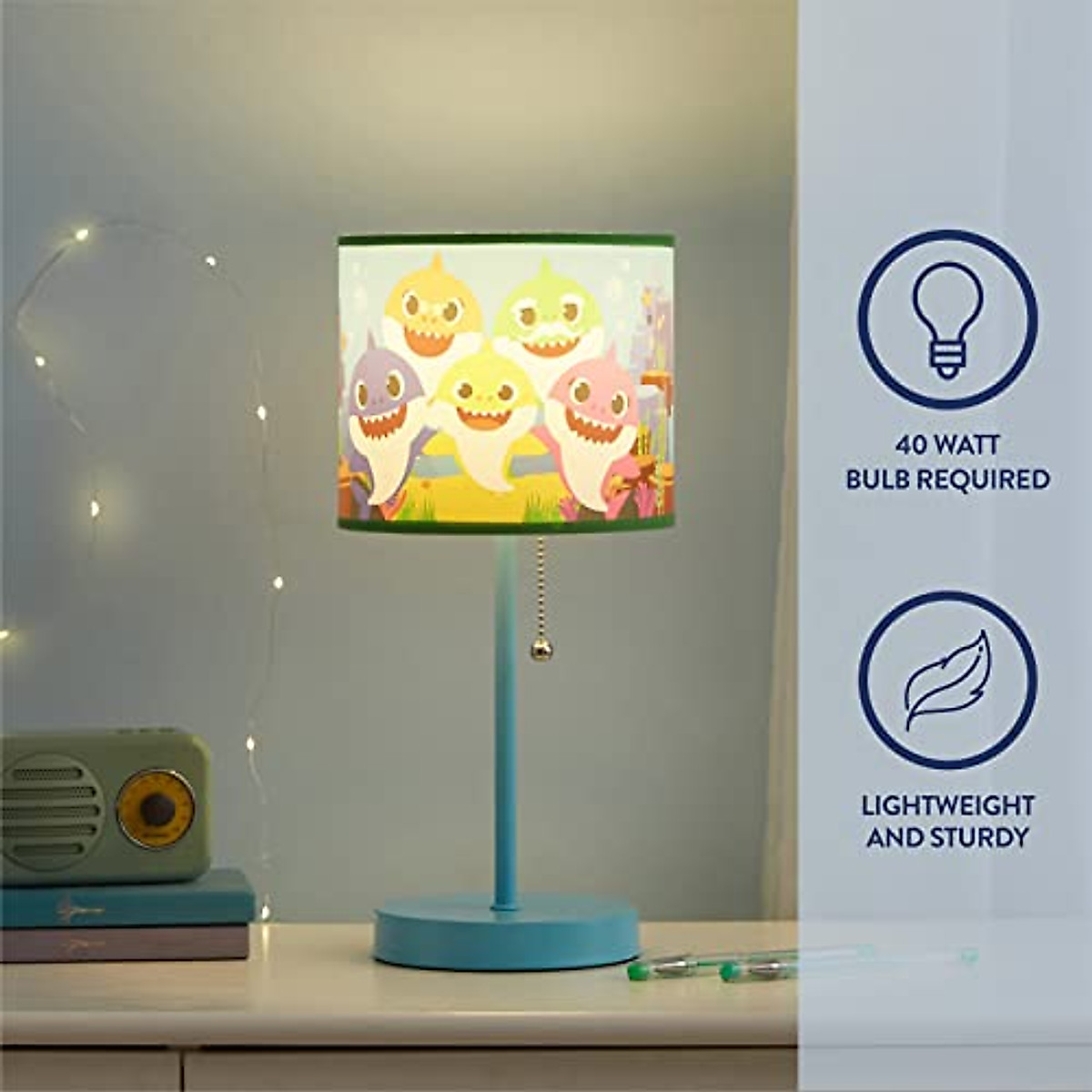 Idea Nuova Baby Shark Stick Table Kids Lamp with Pull Chain,Metal, Themed Printed Decorative Shade