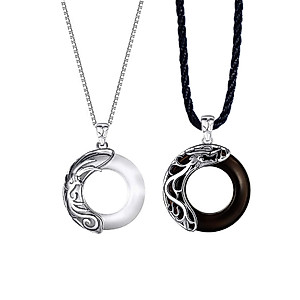poceton Matching Necklaces for Couples, 925 Sterling Silver Obsidian Pendant, Antique Dragon and Phoenix Pendant Lovers Jewelry Valentine's Day Couple Necklace Gifts for Him and her