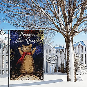 Happy New Year Cat Garden Flag 12x18 Double Sided Vertical, Burlap Small Celebration Fireworks Clock Welcome New Year Eve Yard Flag Sign (ONLY FLAG)