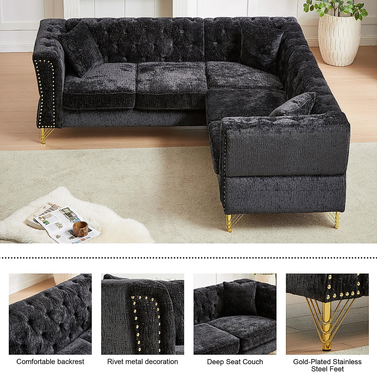 82" Oversize Chenille L-Shaped Corner Sofa,5-Seater Nailhead Trim Sectional Chesterfield Couch with 3 Cushions for Living Room, Bedroom (Black)