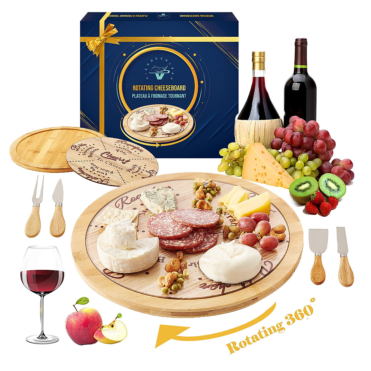 Lazy Susan Cheese Board with Cutlery Premium Bamboo Turntable Charcuterie Board - Unique Rotating Cheese Wine Pairing Platter Gift Set