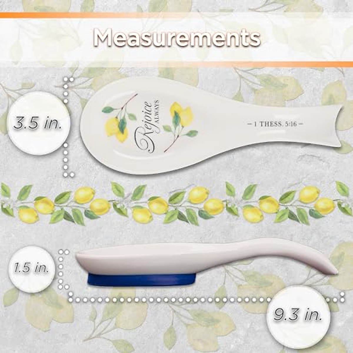 Christian Art Gifts Ceramic Spoon Utensil Rest for Women: Rejoice Always Inspirational Bible Verse, Stove & Kitchen Counter Top Home Décor, Blue Silicone Base, Lead/Cadmium-free, White & Yellow Lemon
