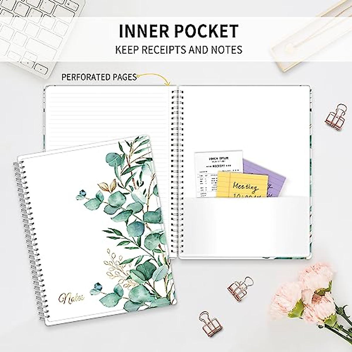SUNEE Large Spiral Notebook, Journal For Women, Aesthetic Greenery Notebook with Pockets, Flexible Cover, College Ruled Paper, 11" x 8-1/2", 80 Sheets - 160 Pages, for Work, School Supplies