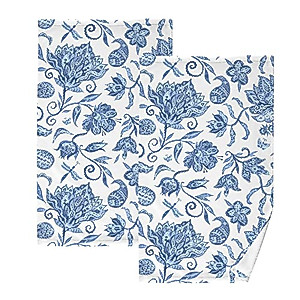 Kigai Blue White Floral Hand Towels 16 x 28 Inches 2PCS Bathroom Towel Set Soft Absorbent Cotton Hand Towel for Gym Shower Hotel