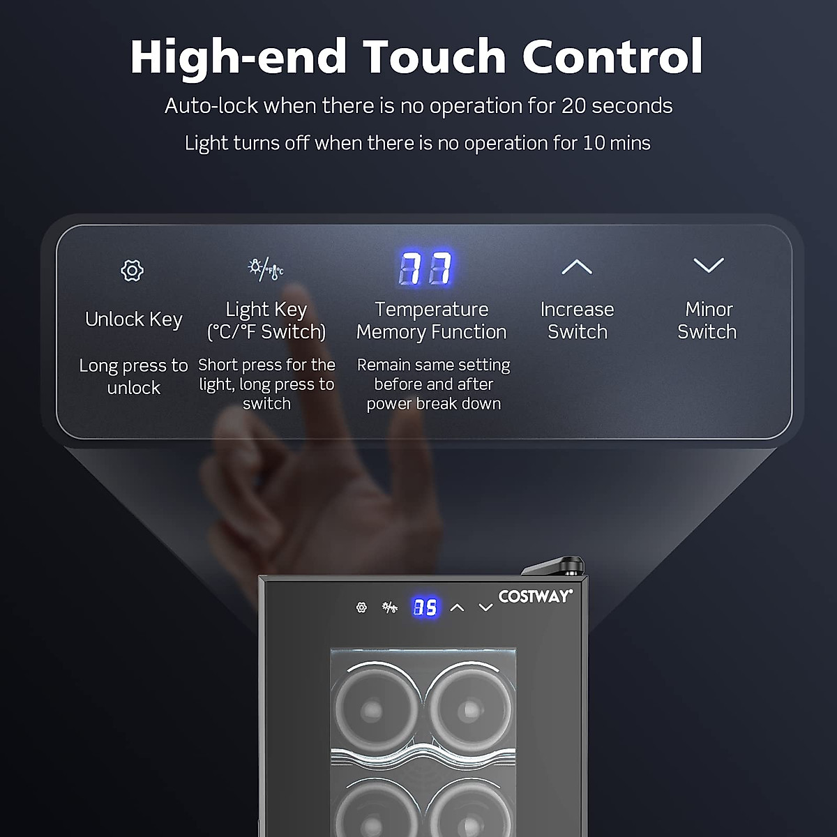 COSTWAY 10 Inch Wine Cooler, 12 Bottles Wine Refrigerator w/Digital Temperature Control, Double-Layer Door & LED Lights, Freestanding Built-in Mini Wine Fridge for Home Bar Office