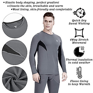 DIKAMEN Men's Thermal Underwear Fleece Lined Performance Fleece Tactical Sports Shapewear Thermal Set (Grey, Large)