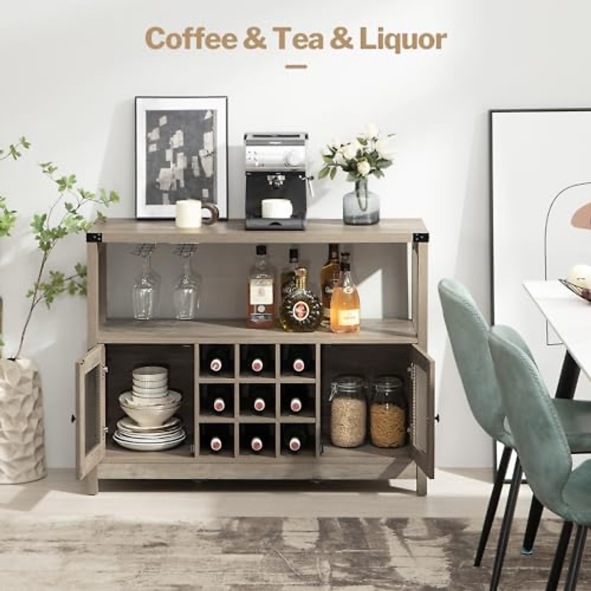 SICOTAS Coffee Bar Cabinet with Storage - Farmhouse Sideboard Buffet Cabinet Wine Cabinet with Wine Rack, Boho Liquor Cabinet for Home, Kitchen Cabinet with Mesh Doors for Dining Room, Oak