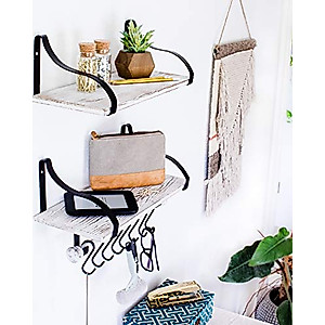 Wall Mounted Floating Spice Shelves with Towel Bar and Removable Hooks, Solid Wood, Rustic Shelving Storage, for Kitchens, Bathrooms and More, Farmhouse Wall Décor, 16.75” Long x 7.5” (White Washed)