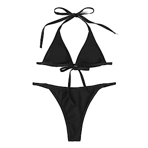 WDIRARA Women's Skull Pattern Halter Triangle Thong Sexy 2 Piece Bikini Swimsuit Black L