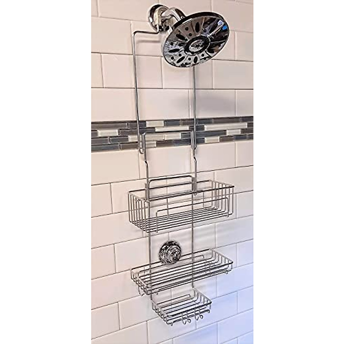 Gecko-Loc Extra Long Hanging Shower Caddy Bundle including 2 Hanger Extensions and 2 Extra Suction Cups -Silver