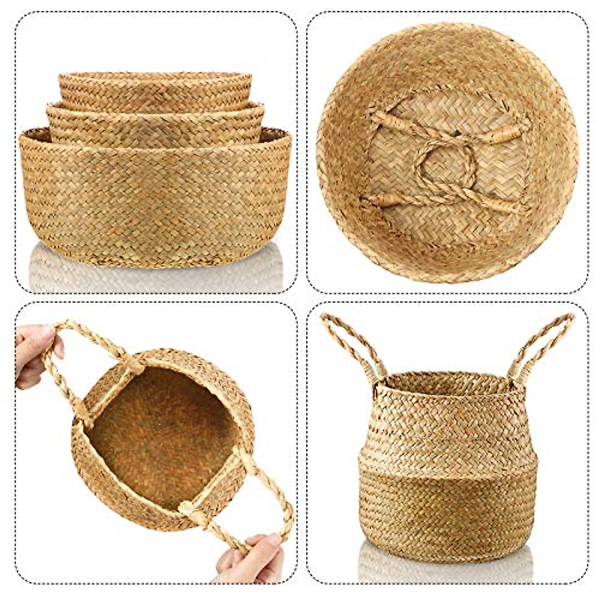Set of 3 Pieces Woven Seagrass Hand Woven Belly Basket for Storage, Laundry, Picnic, Plant Pot Cover, Beach and Grocery Basket (Small, Medium and Large)