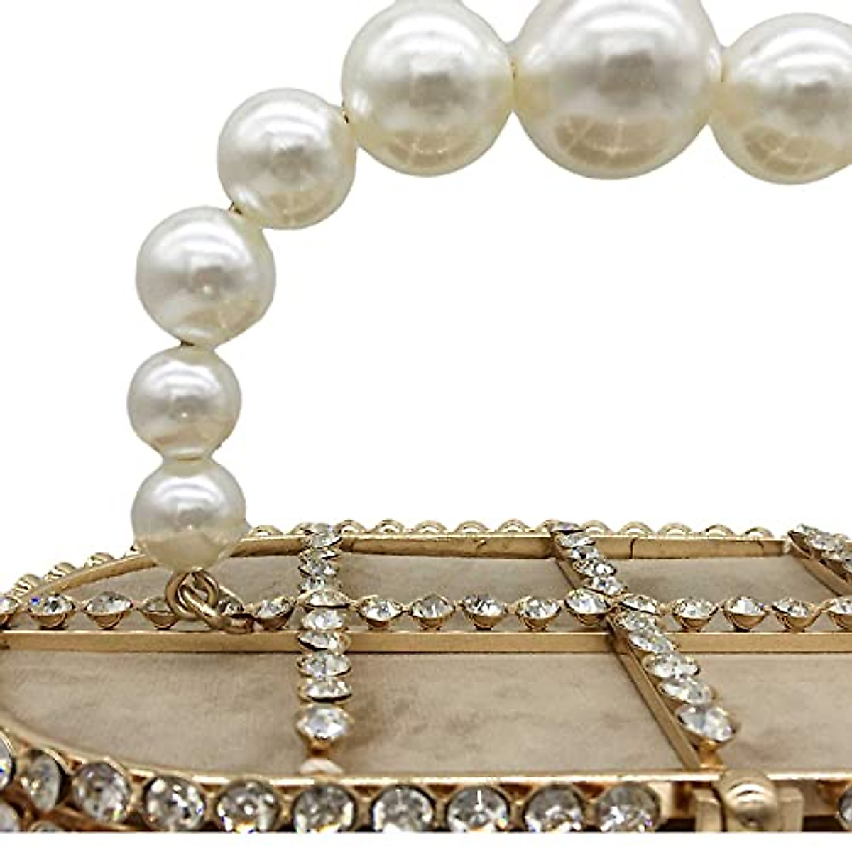 DDQYYSPP Synthetic Pearl Top-Handle Women Metal Bucket Bag Crystal Evening Purses and Clutches Formal Wedding Handbags, Gold