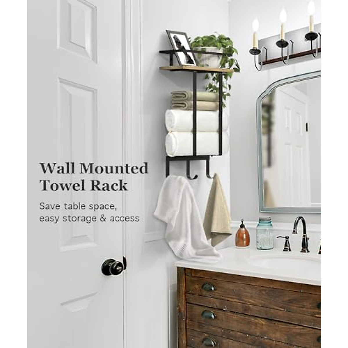 Luxspire Towel Racks Wall Mounted for Bathroom, Towel Holder Wall Mounted with Wooden Floating Shelf & 3 Metal Hooks, Rolled Bath Towel and Hand Towel Rack for Bathroom, Rustic Wooden