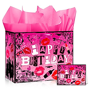 11.8”Large Pink Gift Bag for Girls Birthday, Happy Birthday Gift Bag with Greeting Card Tissue Paper Pink Black Women Birthday Gift Wrapping Paper Bags for Girl Birthday Decorations Party Supplies