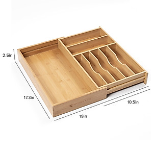 KitchenEdge Premium Silverware, Flatware and Utensil Organizer for Kitchen Drawers, Food-Safe Contract Grade, Expandable from 10.5 to 19 In, Natural Bamboo
