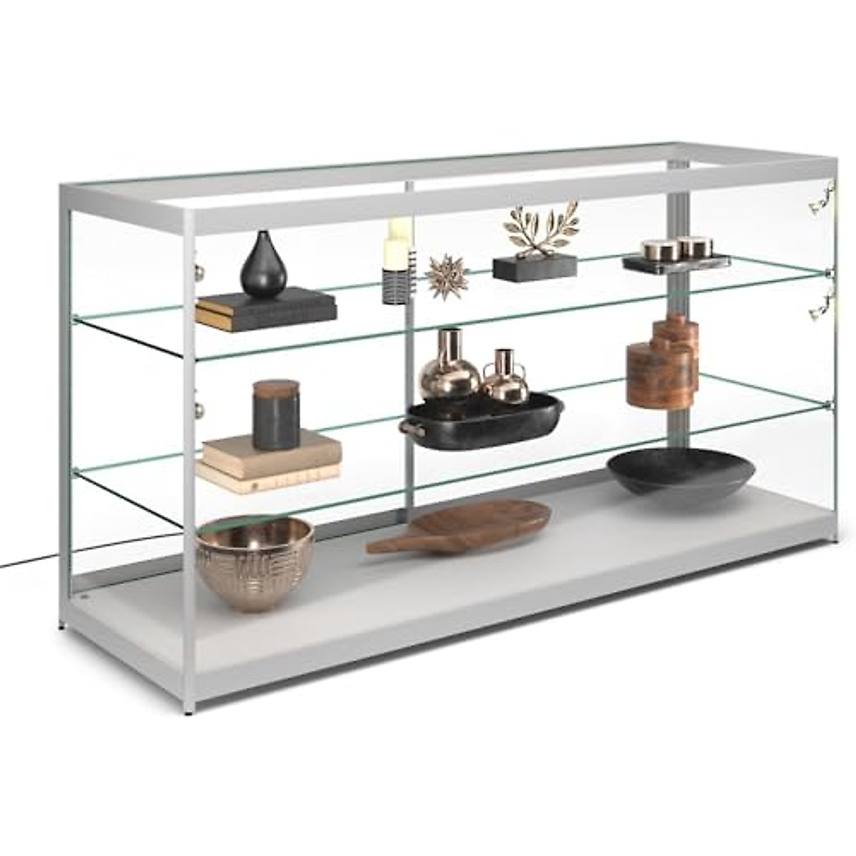 Displays2go 6’ Counter Glass Showcases with Side Lighting, Lockable, Tempered Glass Shelves, Aluminum Frame – Silver (JBQCT72LED)