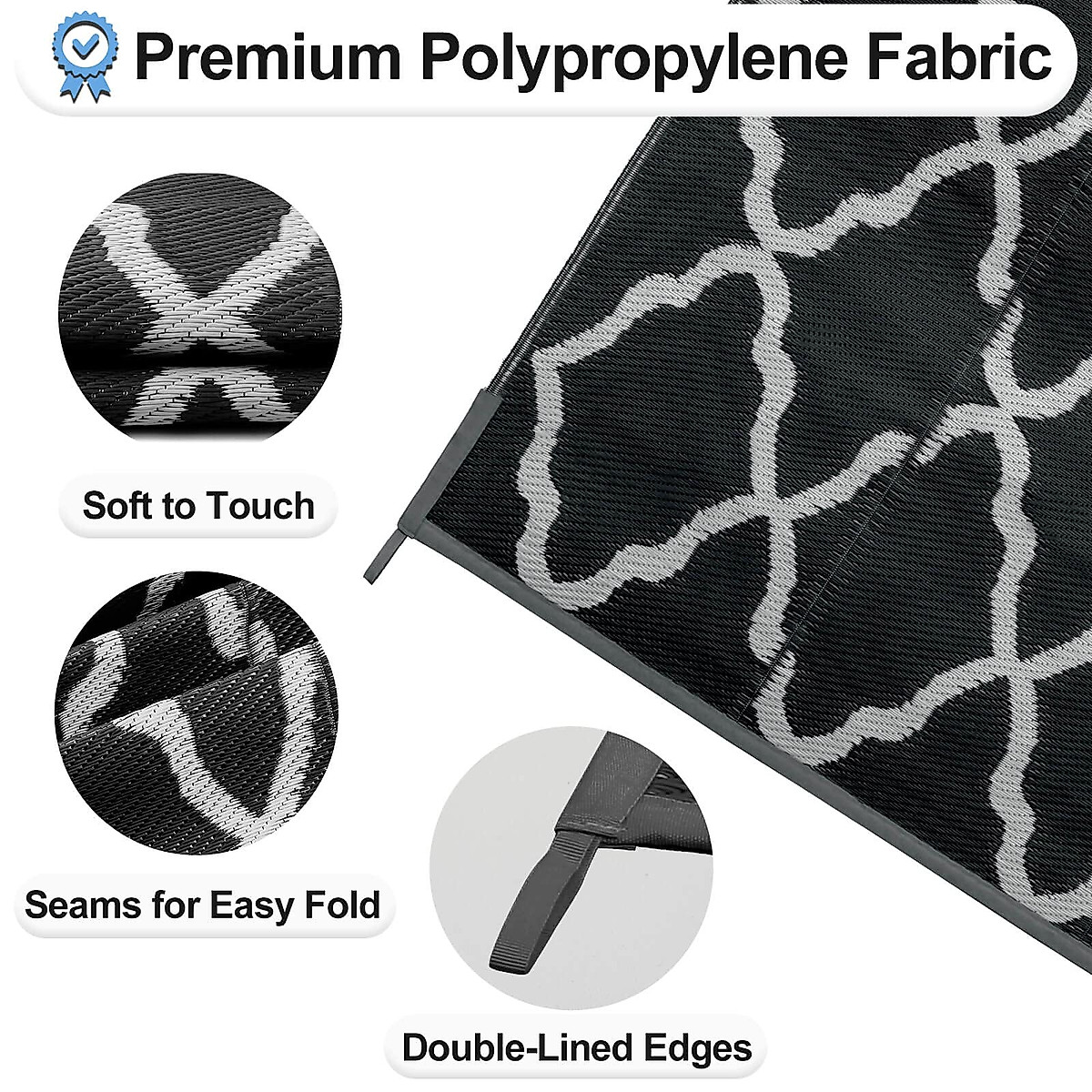 OutdoorLines Outdoor Plastic Area Rugs for Patio 5x8 ft - Reversible Outside Carpet, Stain & UV Resistant RV Mats, Straw Rug for Camping, Deck Garden, Porch and Balcony, Moroccan Black & Light Grey