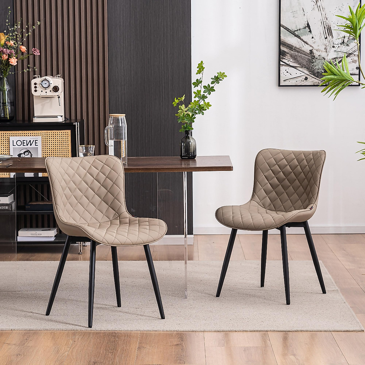 YOUTASTE Khaki Dining Chairs Set of 2 Mid Century Modern PU Leather Diamond Upholstered Accent Guest Dinner Chair with Back Metal Legs for Kitchen Living Reception Waiting Room