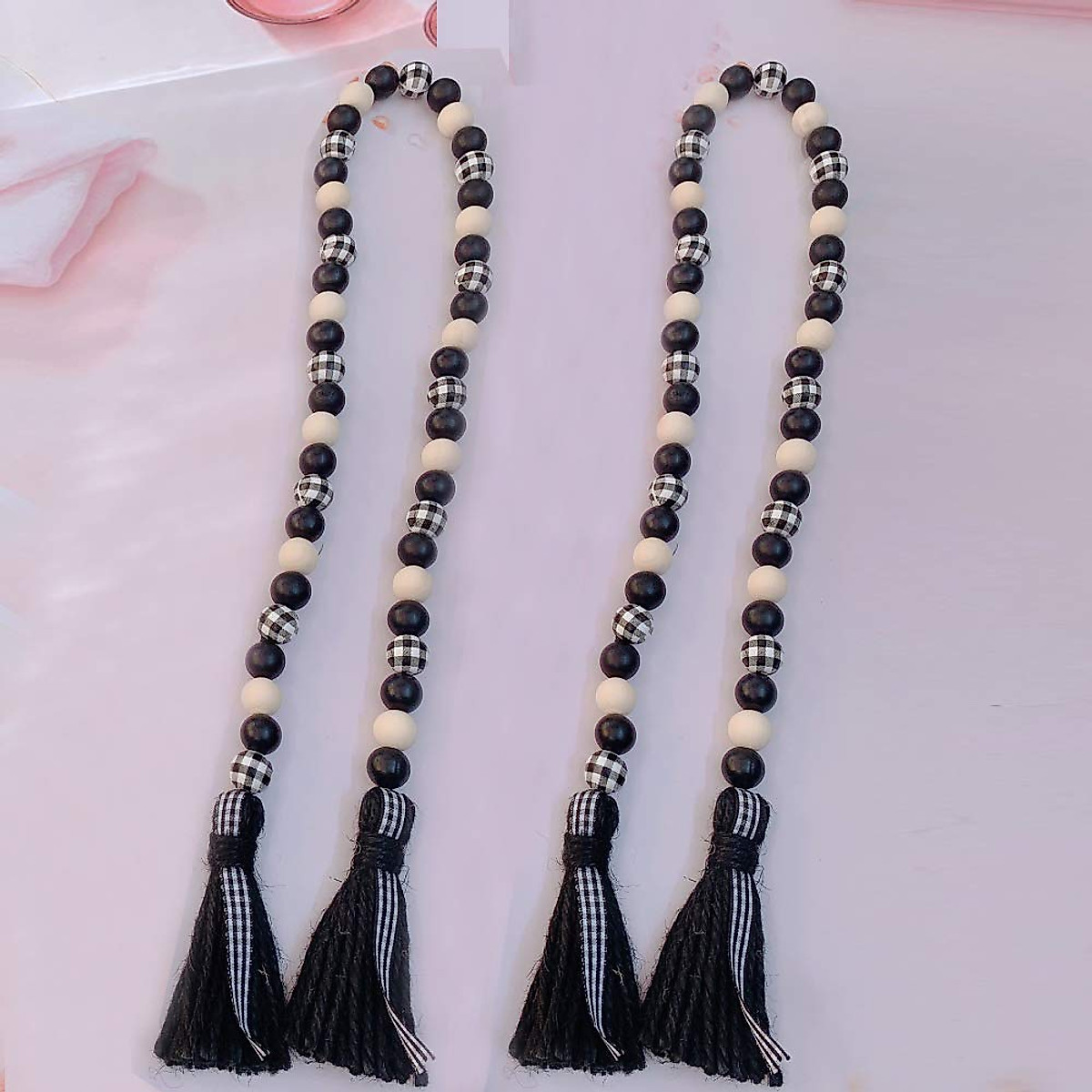 36 inch Wood Bead Garland with Jute Rope Plaid Tassel Tiered Tray Decoration Farmhouse Rustic Beads Natural Wood Beads Decor for Home Garden Holiday Party Hanging Ornament Black