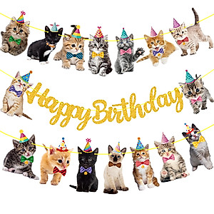 Cat Birthday Banner Decorations Kitten Birthday Party Decorations Supplies Gold Glitter Cat Happy Birthday Banner Decorations for Pet Kitten Theme Birthday Party Bunting Decorations Supplies