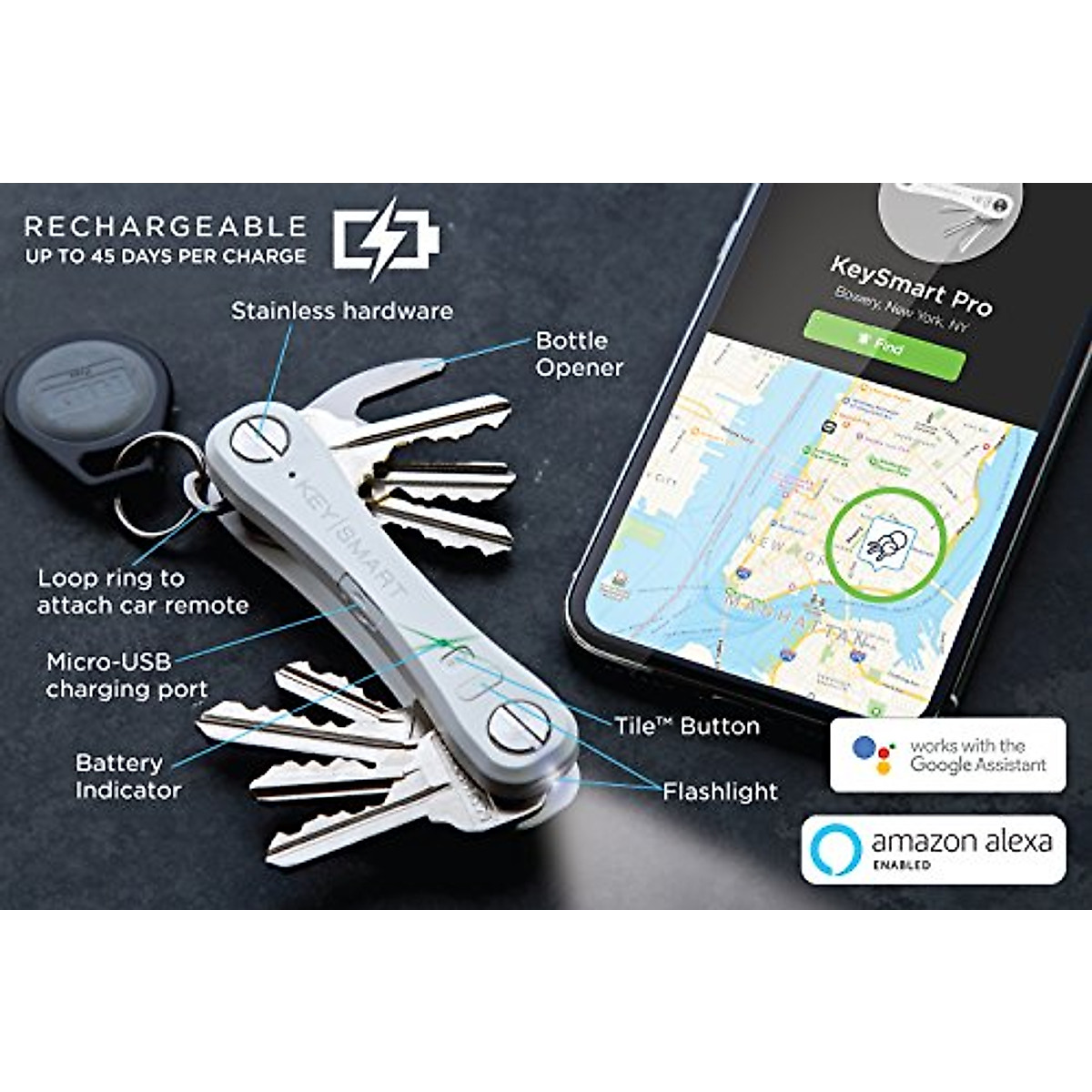 KeySmart Pro - Compact Smart Key Holder w LED Flashlight & Tile Bluetooth, EDC Key Organizer, Attach Car Key Fob, Other Mini Tools & Accessories (up to 10 Keys, White) - Discontinued