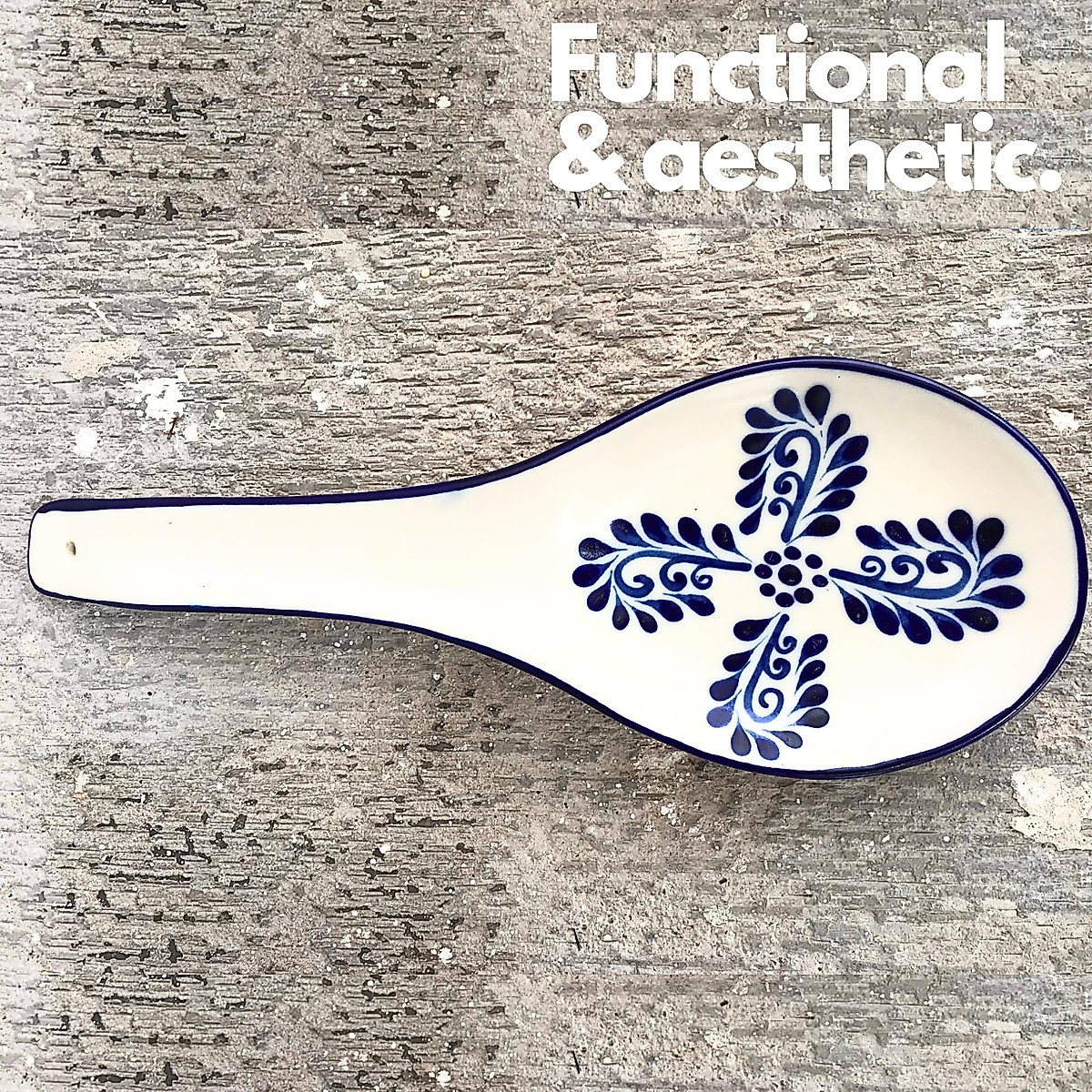 White Ceramic Spoon Rest - Hand Painted In Mexico - Handmade Talavera Kitchen Utensil Holder for Counter Stove Top - Dishwasher Safe - Mexican Style - Porta Cucharas Colonial White