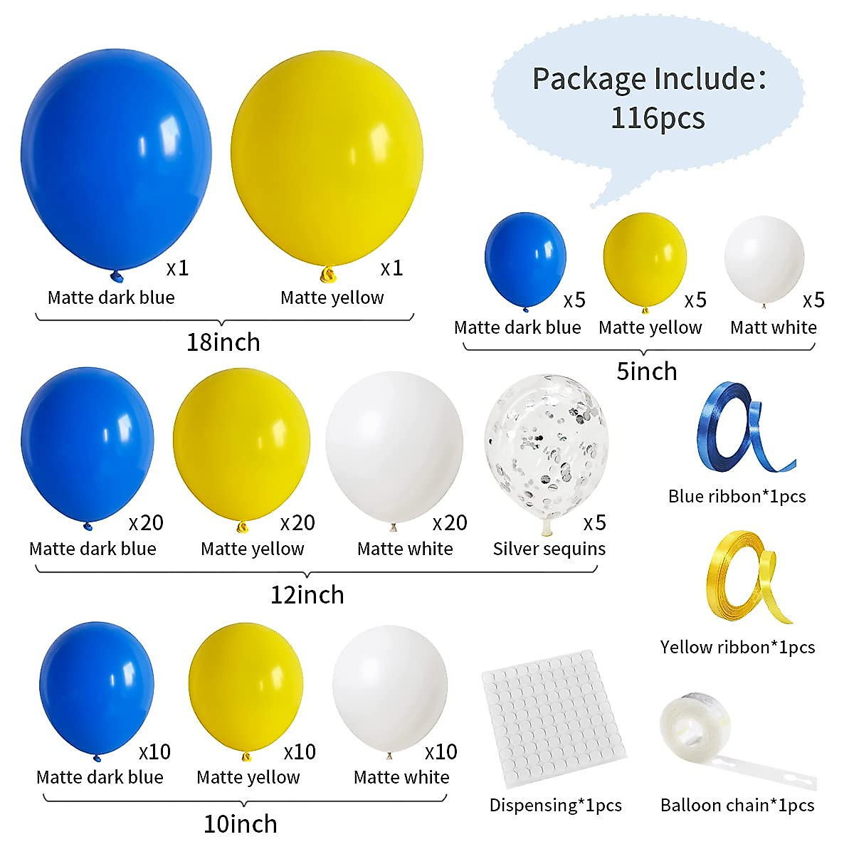 Blue Yellow White Balloon Garland Arch Kit, 116PCS Royal Blue Yellow White Silver Confetti Balloons for Birthday Bridal Baby Shower Wedding Engagement Anniversary Picnic Graduation Party Decorations