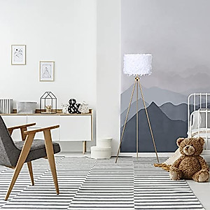 Modern Tripod Floor Lamp for Bedroom, Living Room, Gold Floor Lamps with White Cloth Fabric Shade, Faux Feather Tassels Finish